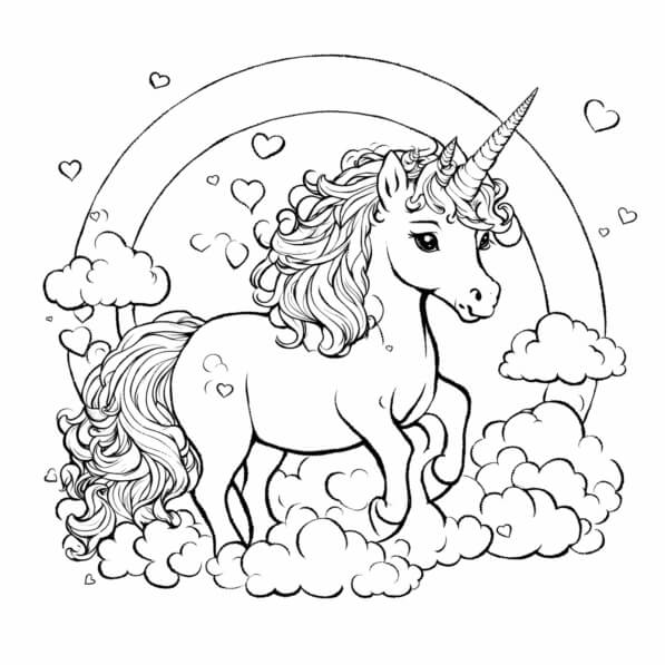 Download Unicorn in a Fantasy Scene with Clouds and Hearts Coloring ...