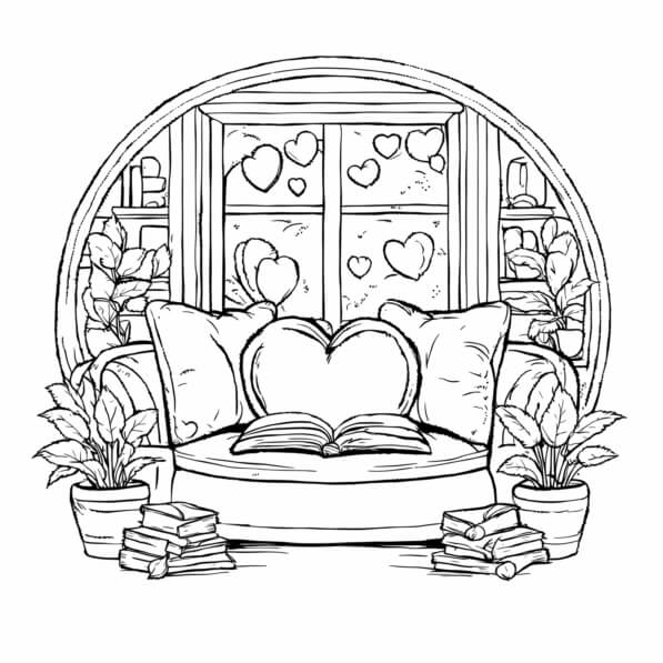Download Cozy Reading Nook with Heart-Shaped Sofa Coloring pages Online ...