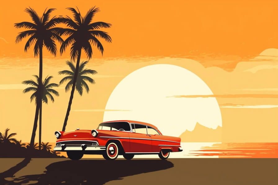 Download Vintage Red Car at Sunset with Palm Trees Backgrounds Online ...