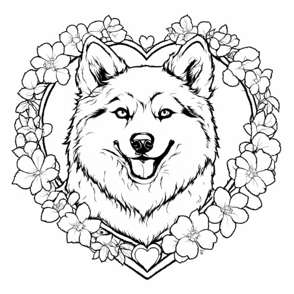 Download Illustrated Samoyed Dog with Floral Frame Coloring pages ...