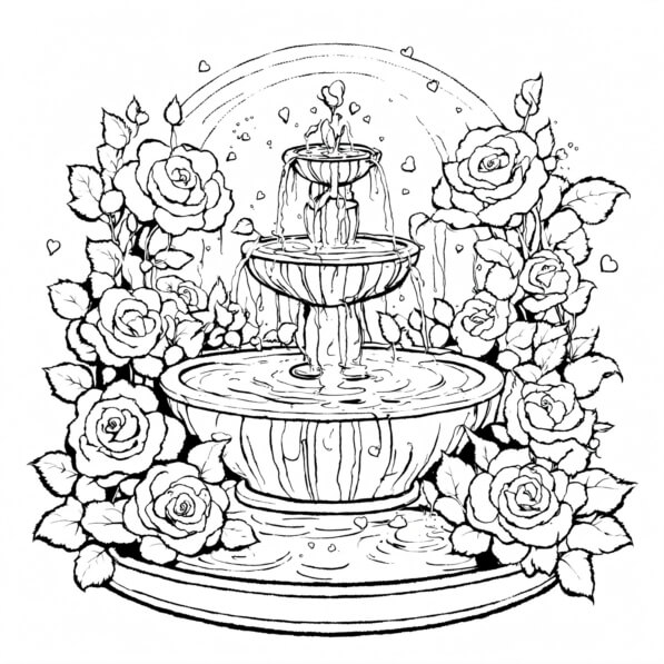 Download Elegant Fountain Surrounded by Roses Coloring pages Online ...
