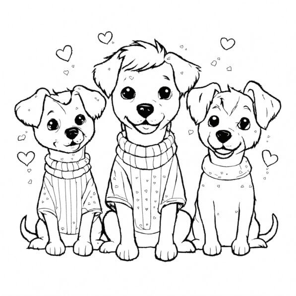 Download Three Cartoon Dogs in Sweaters with Hearts Coloring pages ...