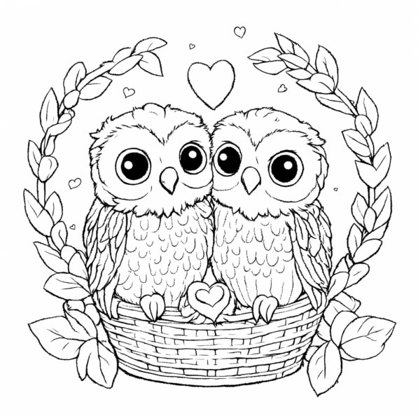 Download Schattige uilen in een mand Kleurplaten online op Creative Fabrica