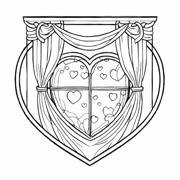 Download Heart-shaped window with curtains and hearts Coloring pages ...
