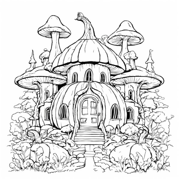 Download Whimsical Mushroom House Coloring pages Online - Creative Fabrica
