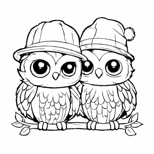 Download Two Cartoon Owls Wearing Hats Coloring pages Online - Creative ...