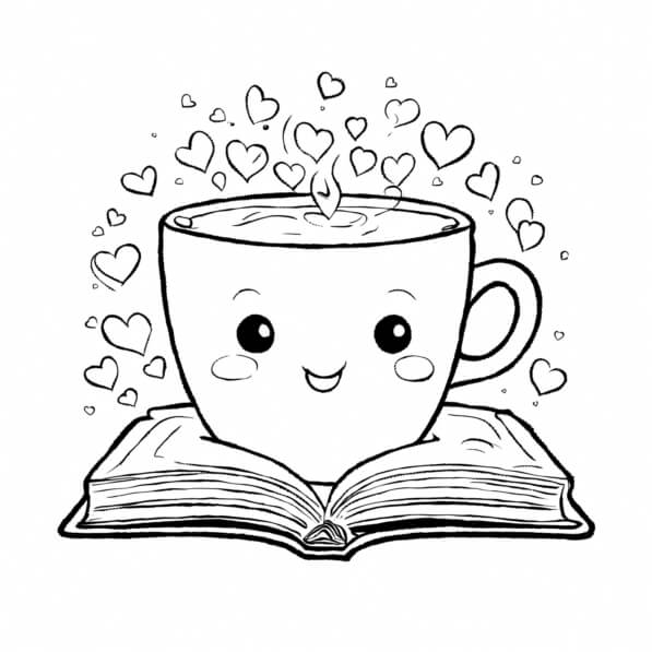 Download Happy Cup on an Open Book Coloring pages Online - Creative Fabrica
