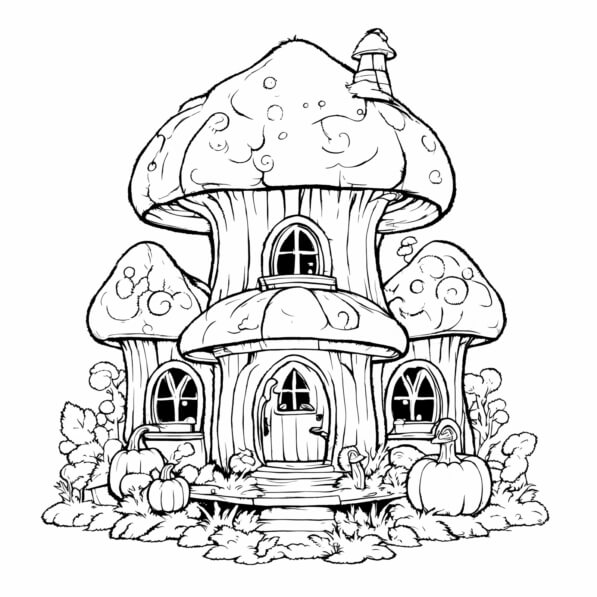 Download Whimsical Mushroom House Coloring pages Online - Creative Fabrica