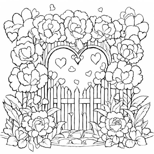 Download Heart-Shaped Garden Gate with Flowers Coloring pages Online ...
