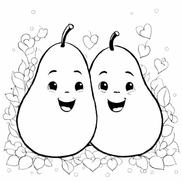 Download Two smiling cartoon pears surrounded by hearts and leaves ...