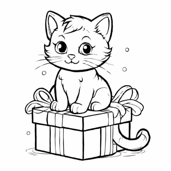 Download Cute Cat on a Gift Box Coloring pages Online - Creative Fabrica