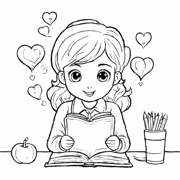 Download Cheerful Girl Reading a Book Coloring pages Online - Creative ...