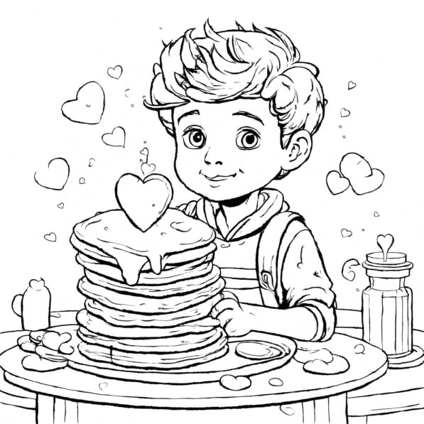 Download Joyful Boy with Pancakes Coloring pages Online - Creative Fabrica