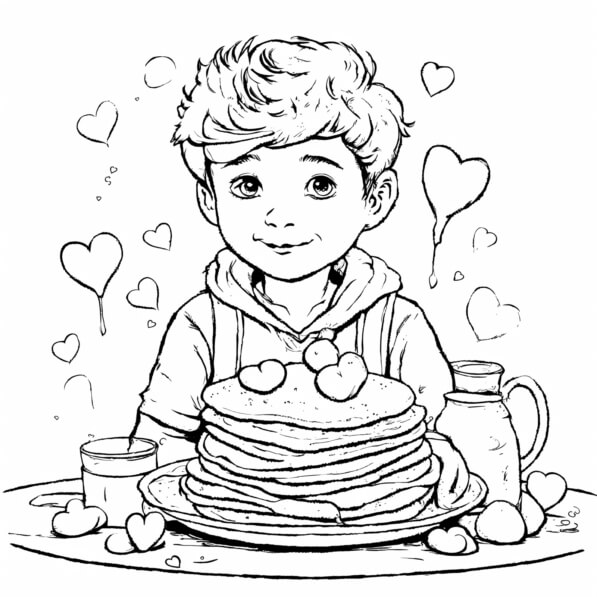 Download Happy Boy with Pancakes Coloring pages Online - Creative Fabrica