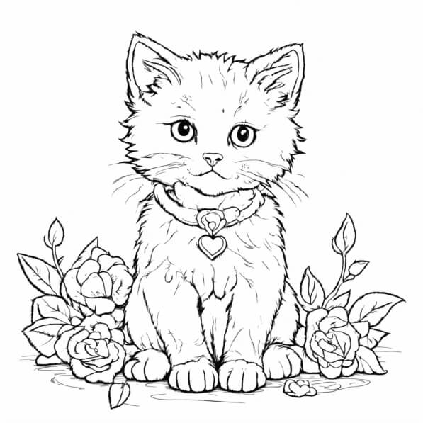 Download Cute Cat Surrounded by Roses Coloring pages Online - Creative ...