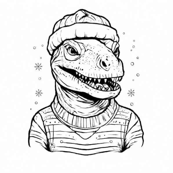 Download Dinosaur in Winter Attire Coloring pages Online - Creative Fabrica