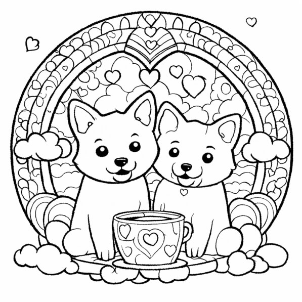 Download Two Cartoon Dogs with a Heart Cup and Rainbow Background ...