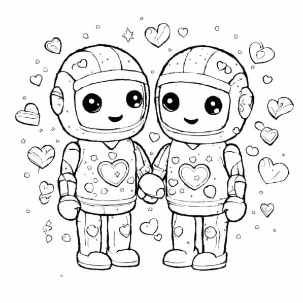 Download Cute Robots in Love Coloring pages Online - Creative Fabrica