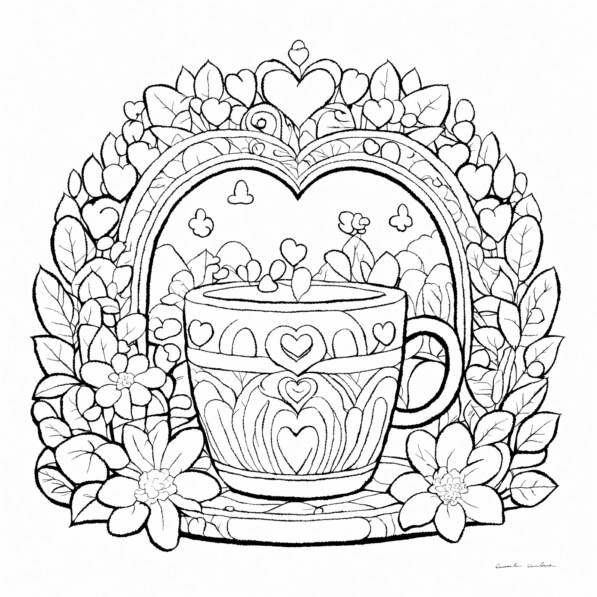 Download Decorative Coloring Page with Cup and Floral Elements Coloring ...