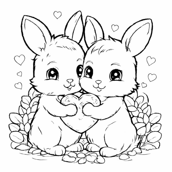 Download Cute Cartoon Rabbits Holding a Heart Coloring pages Online ...
