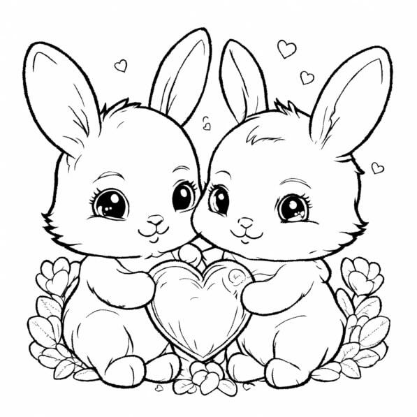 Download Cute Cartoon Rabbits Holding a Heart Coloring pages Online ...