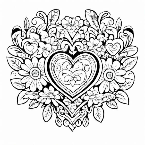Download Intricate Heart Design With Flowers Coloring Pages Online