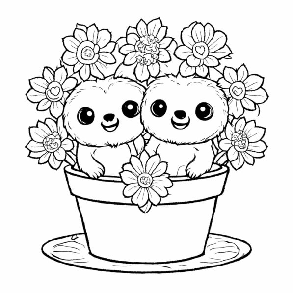 Download Two Sloths in a Flower Pot surrounded by Flowers Coloring ...