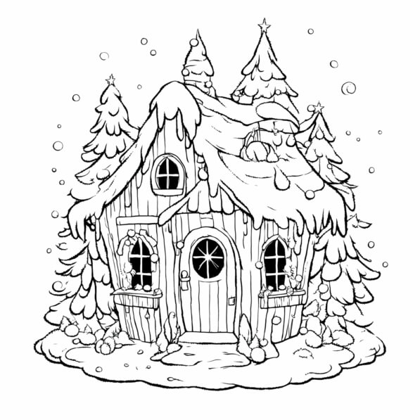 Download Whimsical Winter Cottage Coloring pages Online - Creative Fabrica