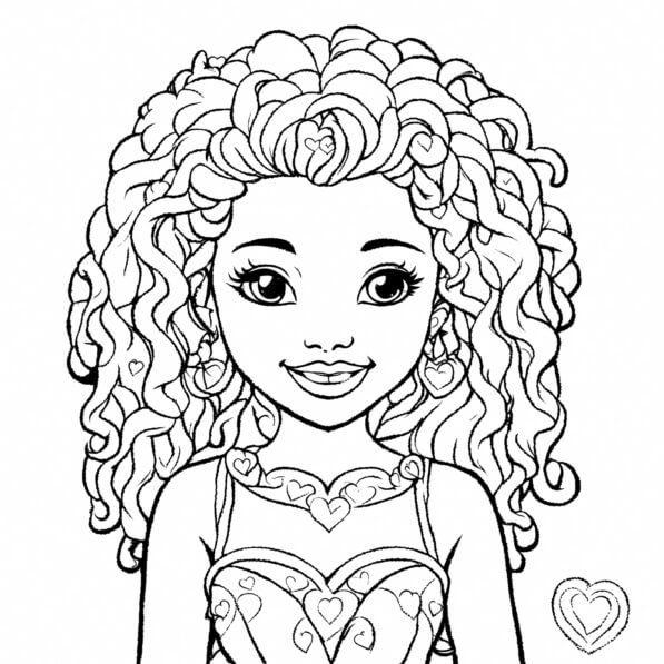 Download Coloring Page of a Girl with Curly Hair and Heart Accessories ...