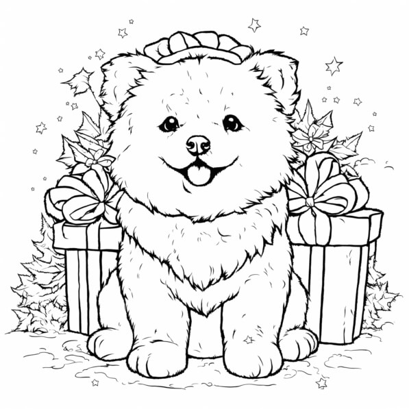 Download Festive Puppy with Gift Boxes Coloring pages Online - Creative ...