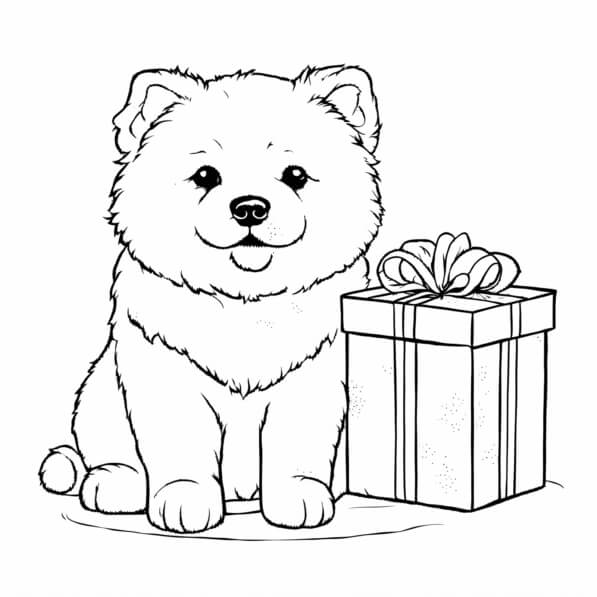 Download Puppy with a Present Coloring pages Online - Creative Fabrica