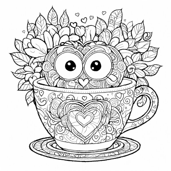 Download Whimsical Owl in a Teacup Illustration Coloring pages Online ...