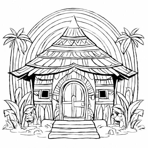 Download Whimsical Hut Surrounded by Nature and Rainbow Coloring pages ...