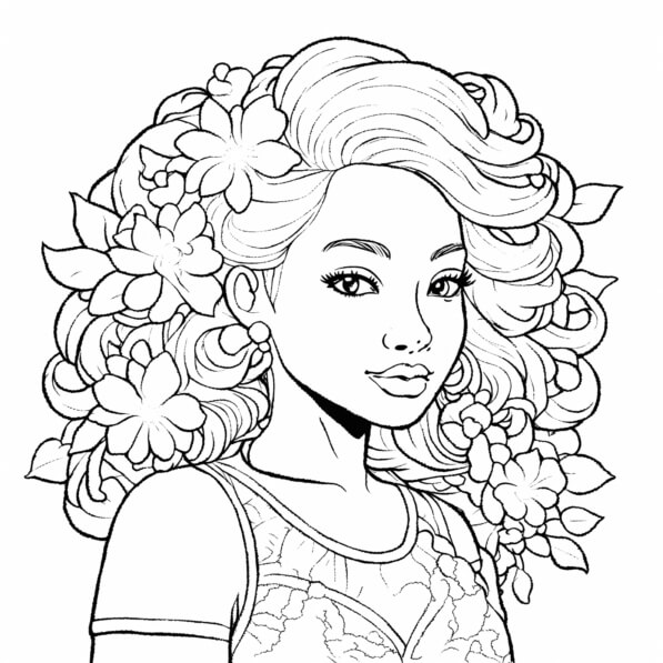 Download Stylized Line Drawing of a Young Woman with Floral Hair ...