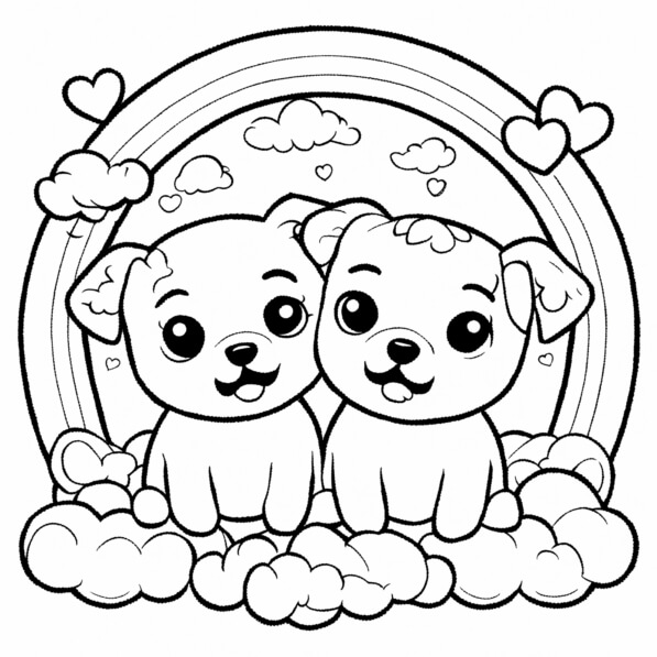 Descarga Dos cachorros de dibujos animados en nubes con arcoíris ...