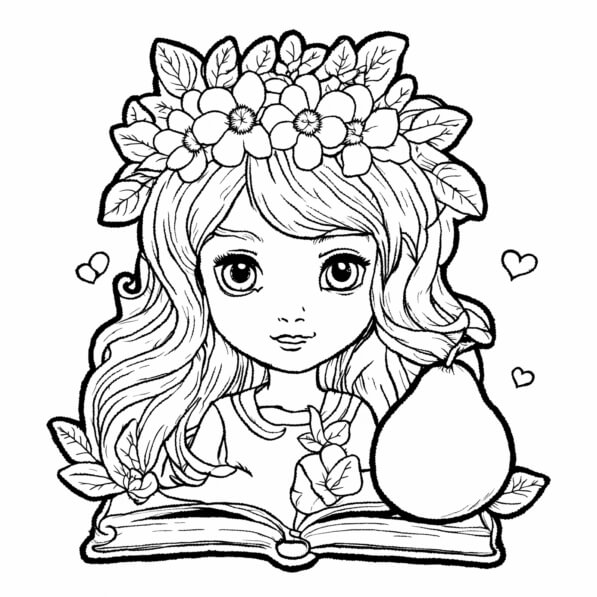 Download Whimsical girl with floral crown and pear Coloring pages ...
