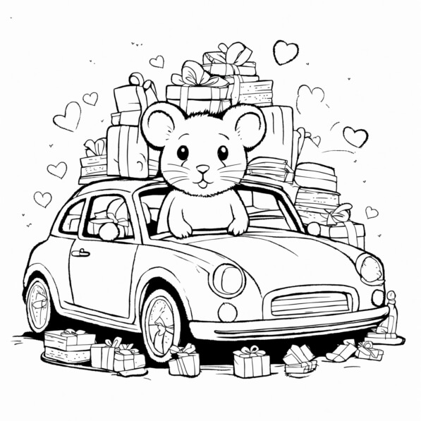 Download Happy Mouse Driving a Car with Gifts Coloring pages Online ...