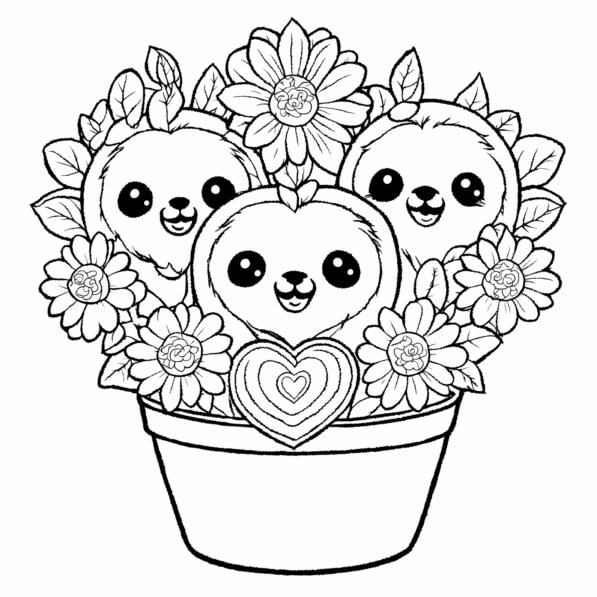 Download Cute Sloths in a Flower Pot Coloring pages Online - Creative ...
