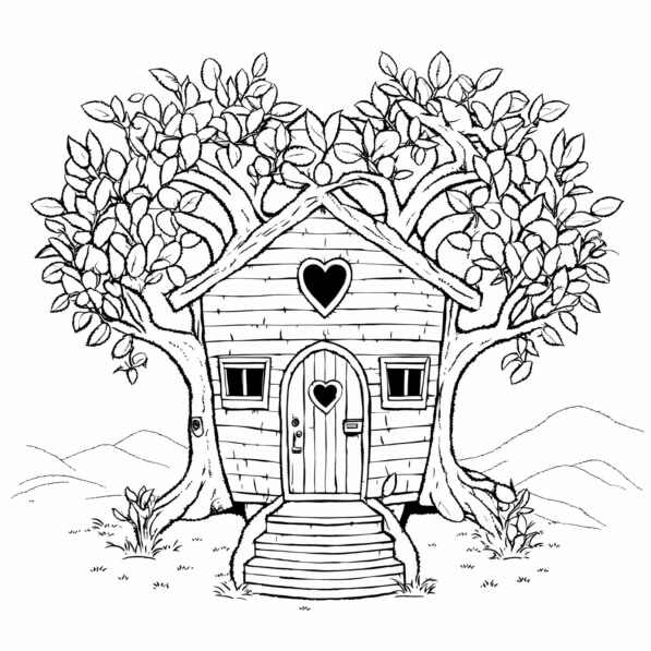 Download Whimsical Treehouse with Heart-shaped Foliage Coloring pages ...