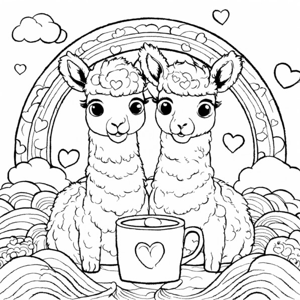 Download Two Adorable Llamas with Rainbow and Clouds Coloring pages ...