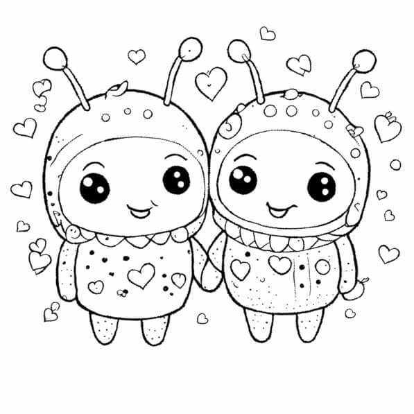 Download Cute Alien Characters in Love Coloring pages Online - Creative ...