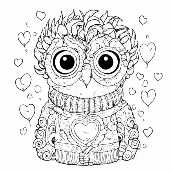 Download Whimsical Owl Character in a Sweater with Hearts Coloring ...