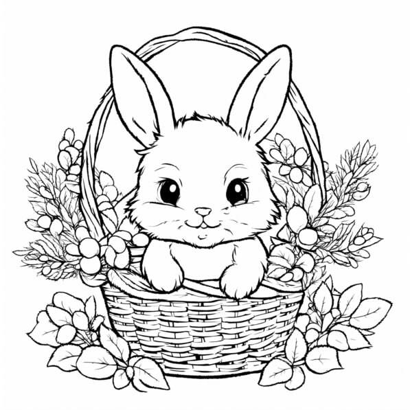 Download Cute Rabbit in a Basket with Flowers Coloring pages Online ...