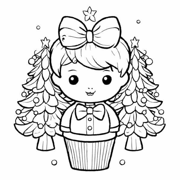 Download Festive Coloring Page Featuring a Child and Christmas Trees ...