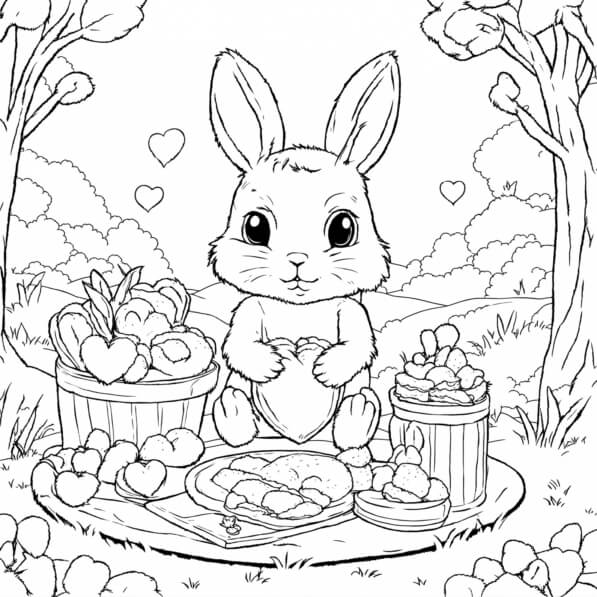 Download Playful Rabbit Picnic Coloring pages Online - Creative Fabrica