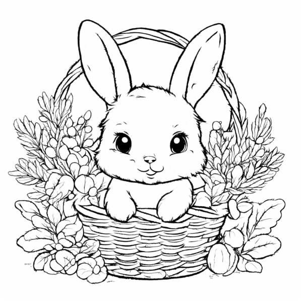 Download Cute Bunny in a Basket Surrounded by Flowers Coloring pages ...