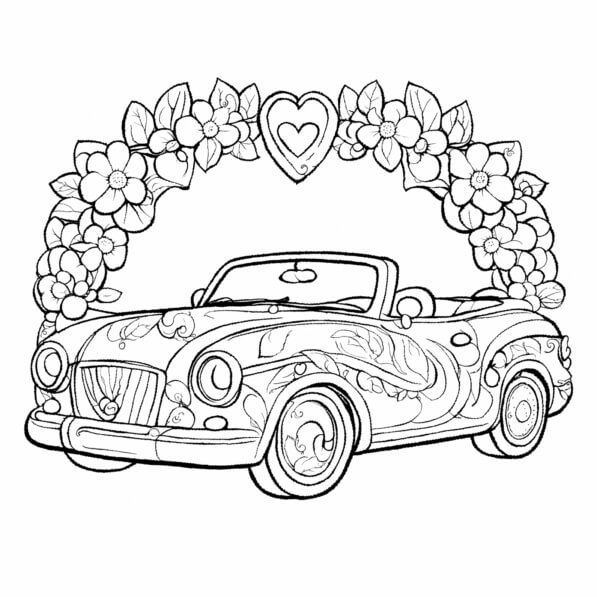 Download Floral Convertible Car with Heart Arch Coloring pages Online ...