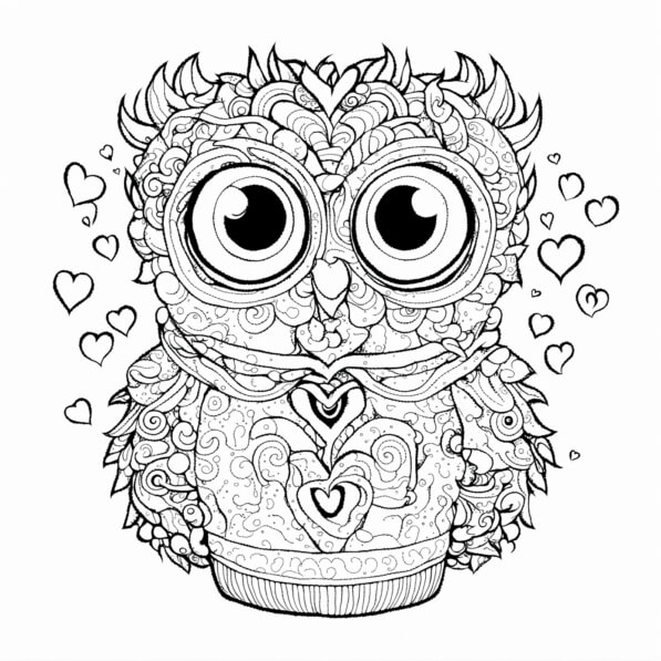 Download Whimsical Owl Illustration with Hearts Coloring pages Online ...