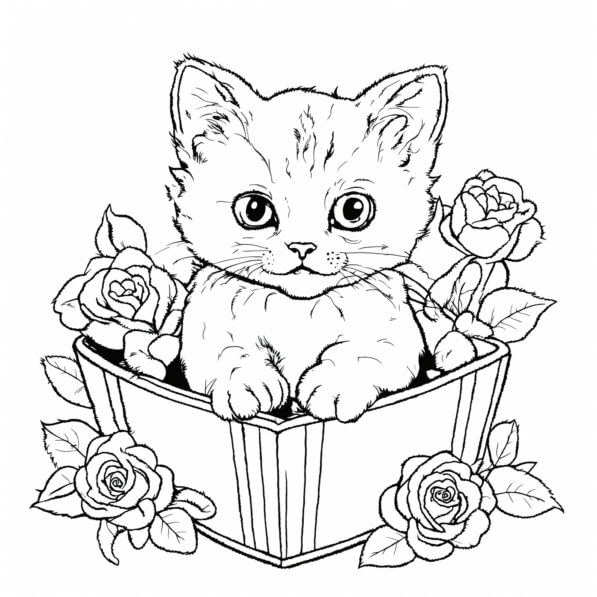 Download Cute Kitten in Flower Pot with Roses Coloring pages Online ...