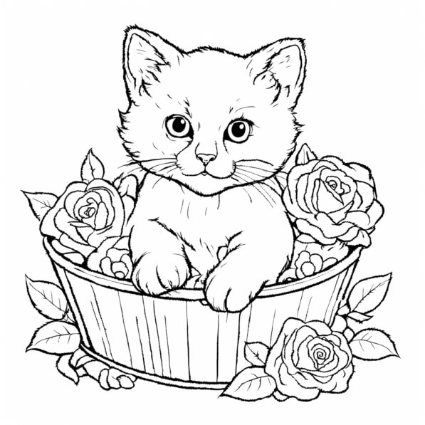 Télécharger Un chaton dans un panier avec des roses Pages de coloriage ...